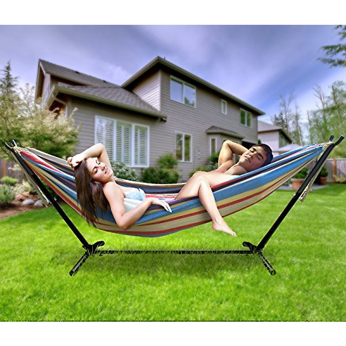 Sorbus 2-Person Luxury Hammock with Steel Stand- Premium Cotton Blend 60" Large Hammock Bed- Heavy Duty 450lbs Portable Hammock w/Carrying Case - for Garden Yard Patio Outdoor Camping Gifts- Washable