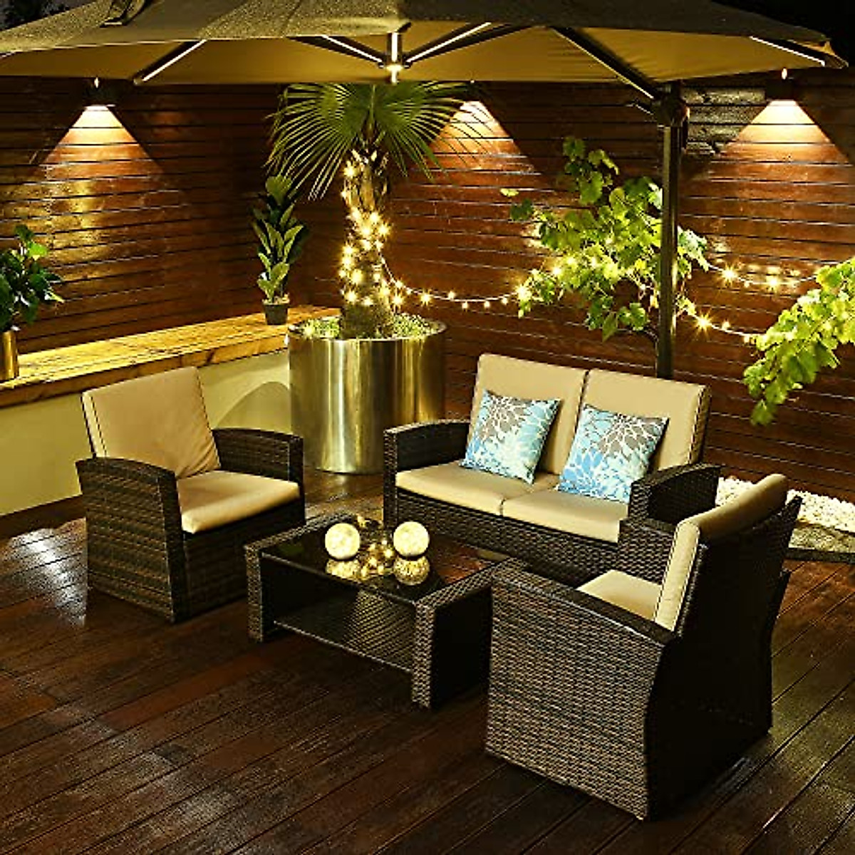 YITAHOME 5 Piece Patio Furniture Sets, All-Weather Outdoor Patio Conversation Set, PE Rattan Wicker Small Sectional Patio Sofa Set with Table, Brown