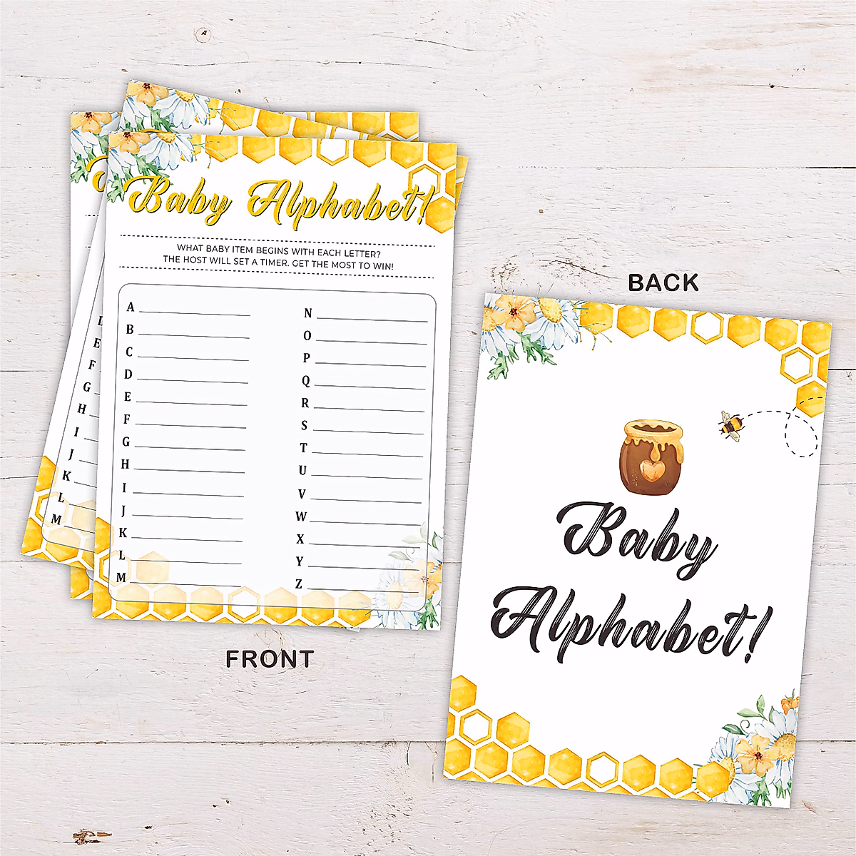 DYIRBIIY Honey Bee Themed Baby Shower Game Cards, Baby Alphabet Double Sided - 30 in Pack (5 X 7 inches)-（BABYYX-003）