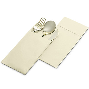 50-Pack Disposable Linen-Feel Dinner Napkins with Built-in Flatware Pocket, CREAM Prefolded Cloth Like Paper Napkins For Dinner, Wedding Or Party [Silverware NOT Included]