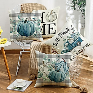 Fall Decorative Pillow Covers 18 x 18 Inch Set of 4, Pumpkins Trucks Plaid Autumn Decor Outdoor Farmhouse Thanksgiving Throw Pillow Cases for Home Couch