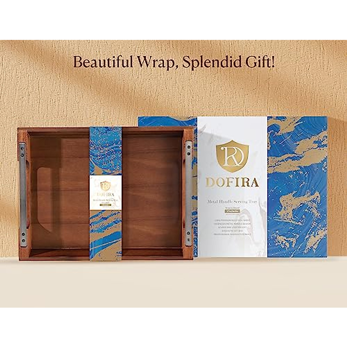 Dofira Acacia Wood Serving Tray with Metal Handles, 17x13in Food Drinks Tray for Coffee Table, Breakfast, Dinner & Bar, Rustic Decorative Storage Tray for Ottoman, Kitchen, Bedroom (Gift Packaging)