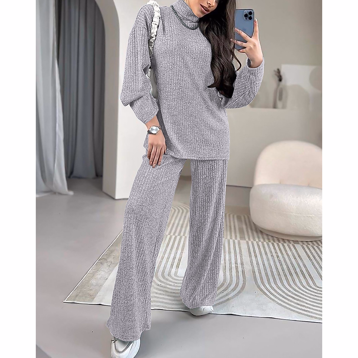 KIRUNDO Track Suits For Women Set Lounge Set Casual Long Sleeve Knitted Tops Long Pants Sweat Set Trendy Fall Clothes Casual Outfits(Grey, Small)