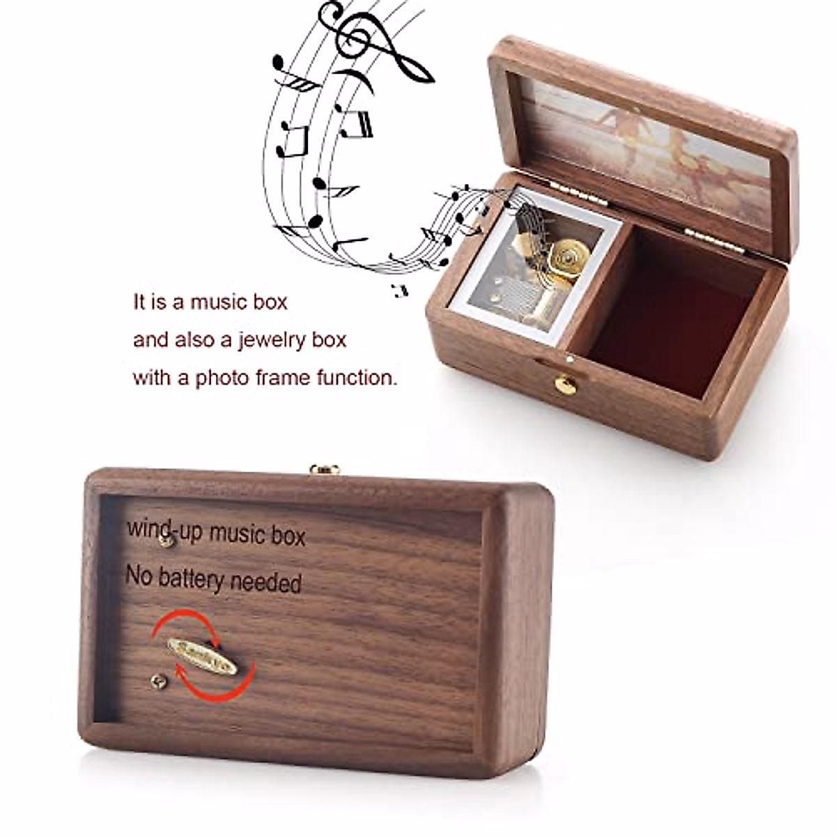 JJYmusic Natural Solid Wood Wind-up Music Box Long Photo Frame Jewelry Musical Box Great Gift for Birthday Christmas(Walnut; Tune: You Are My Sunshine)