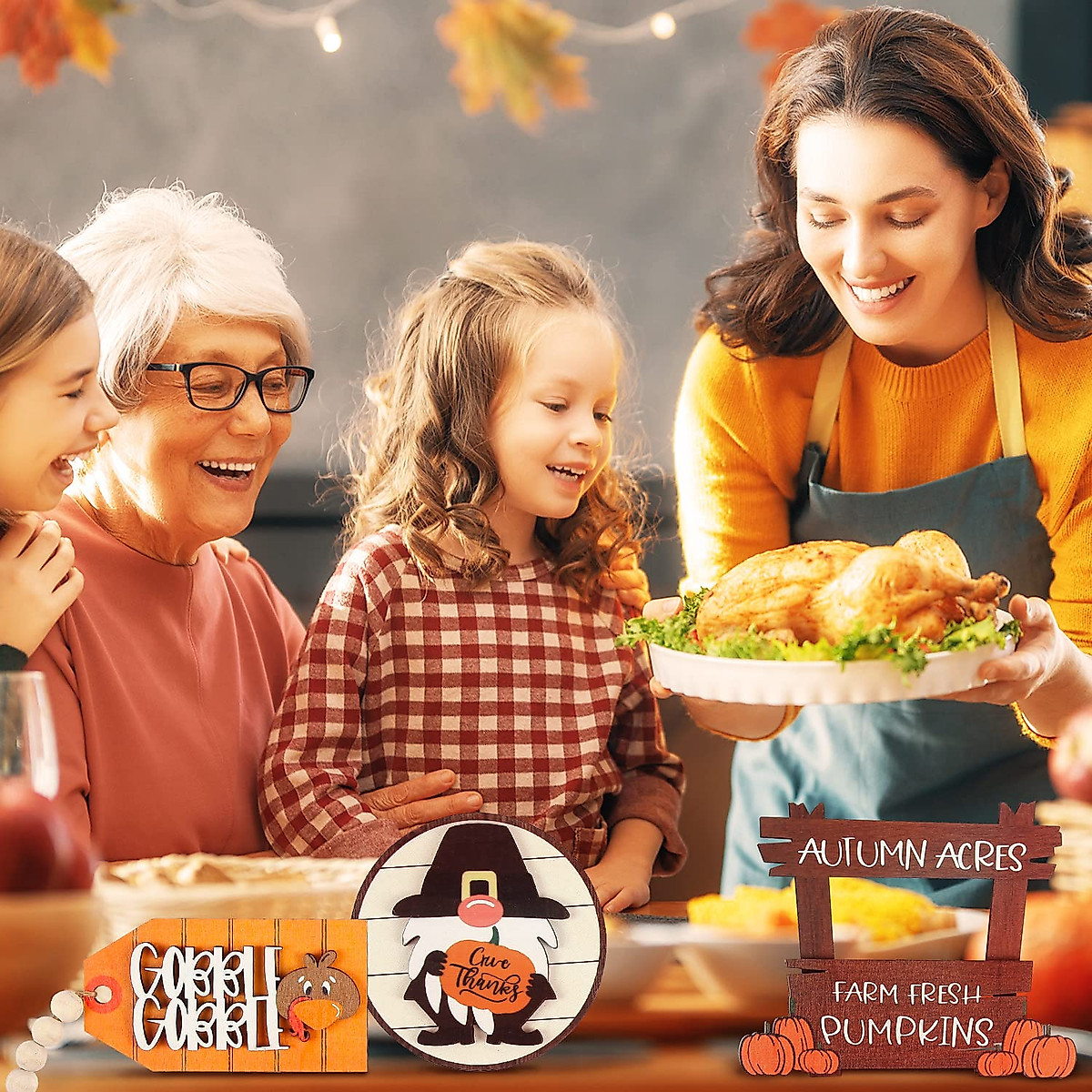 6 Pieces Thanksgiving Decoracion Fall Tiered Tray Decor,Pumpkin Turkey Gnomes Fall Wooden Tiered Tray Decor Top Decor Table Signs for Home Farmhouse Tabletop