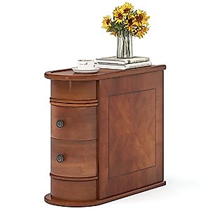 LITTLE TREE Wood End Table with 2 Drawers Sofa Side Table for Living Room, No Assembly Required Vintage Slim Nightstand Bedside Table for Bedroom, Brown