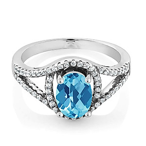 Gem Stone King 925 Sterling Silver Oval Checkerboard Swiss Blue Topaz Gemstone Birthstone Ring 2.01 cttw (Size 5)
