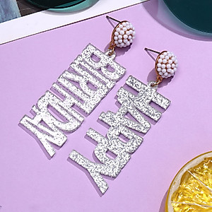 FAERLIIRY Birthday Earrings Beaded Earrings for Women Glitter HAPPY BIRTHDAY Letter Drop Dangle Acrylic Earrings Birthday Party Jewelry Gifts