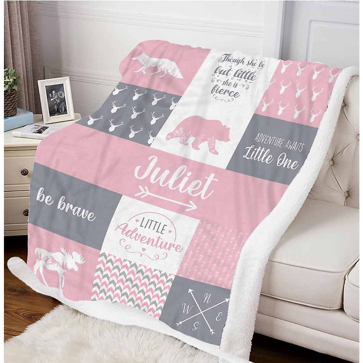 OLDCHI Woodland Personalized Baby Blanket for Girls with Name, Customized Pink Woodland Blanket for Newborn Girls, Blankets for Girls Personalized Woodland, Gift for Baby Nursery