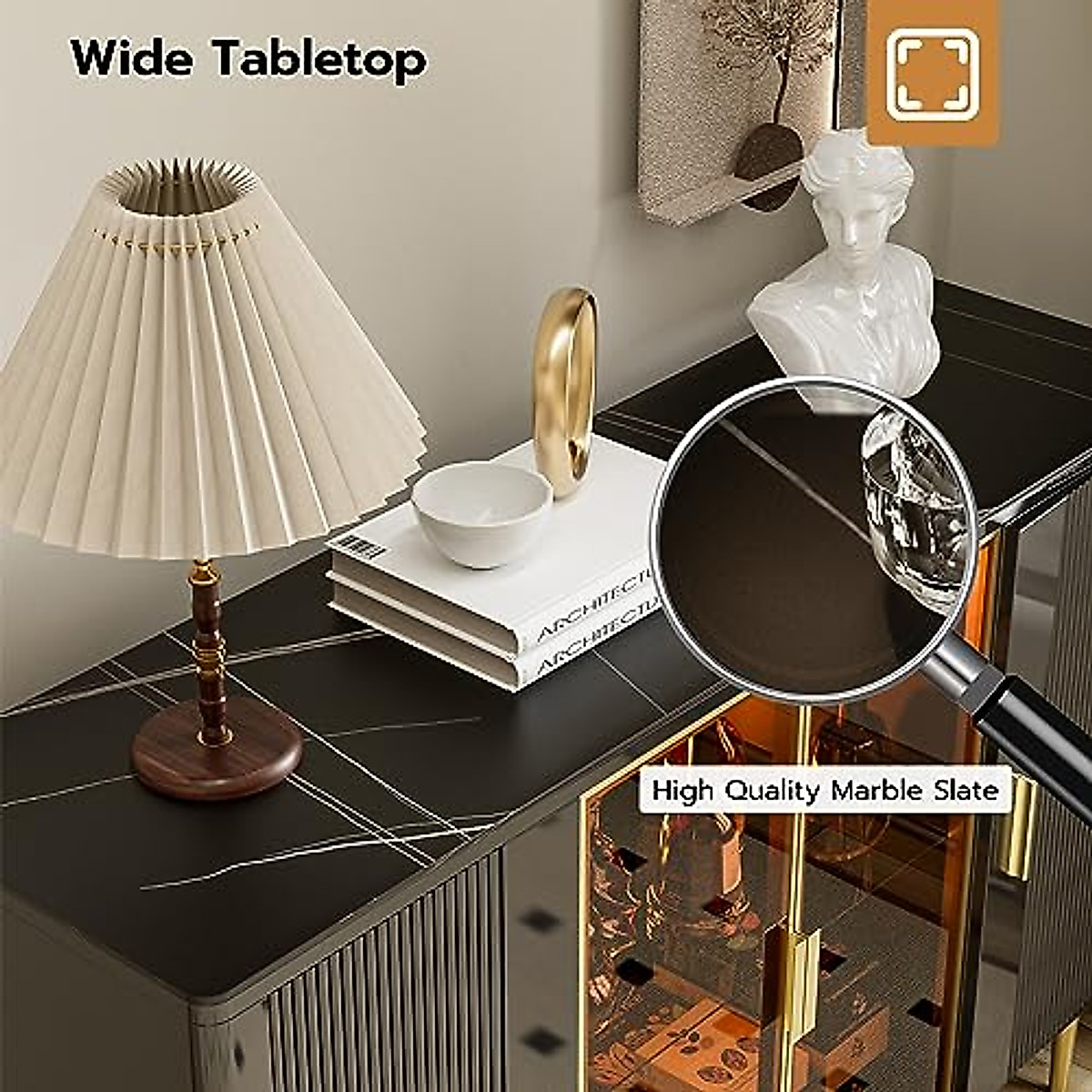 IKIFLY Modern Sideboard Buffet Cabinet with Storage, 47" Kitchen Storage Cabinets with Glass Doors and Shelves, LED Lights, Coffee Bar Cabinet for Dining Room, Kitchen, Hallway, Living Room, HU9156