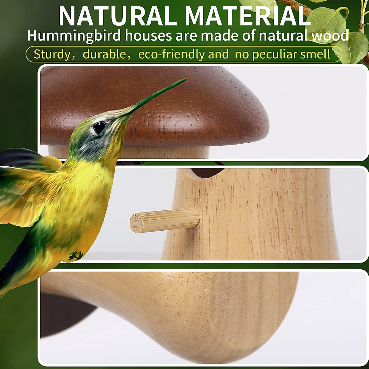 Hummingbird House,2023 New Mushroom Wooden Hummingbird Houses for Outside for Nesting, Gardening Gifts,Home Garden Decoration,3 Pack