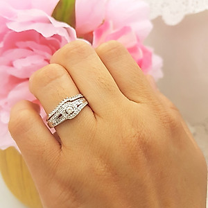 Dazzlingrock Collection 0.50 Carat (ctw) 10k Round & Baguette Diamond Women Swirl Engagement Matching Band Halo Style Bridal Ring Set 1/2 CT, White Gold, Size 6