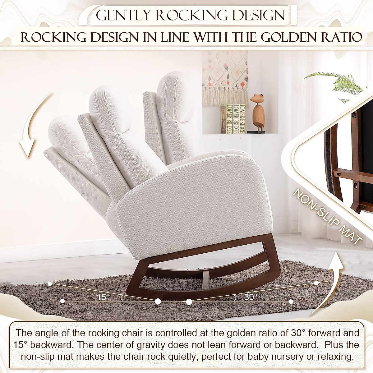 KINFFICT Comfy Rocking Chair, Upholstered Accent Glider Rocker for Baby Nursery or Relaxation, Living Room Armchair with High Back and Headrest, Modern Rocking Glider with Side Pocket, Beige