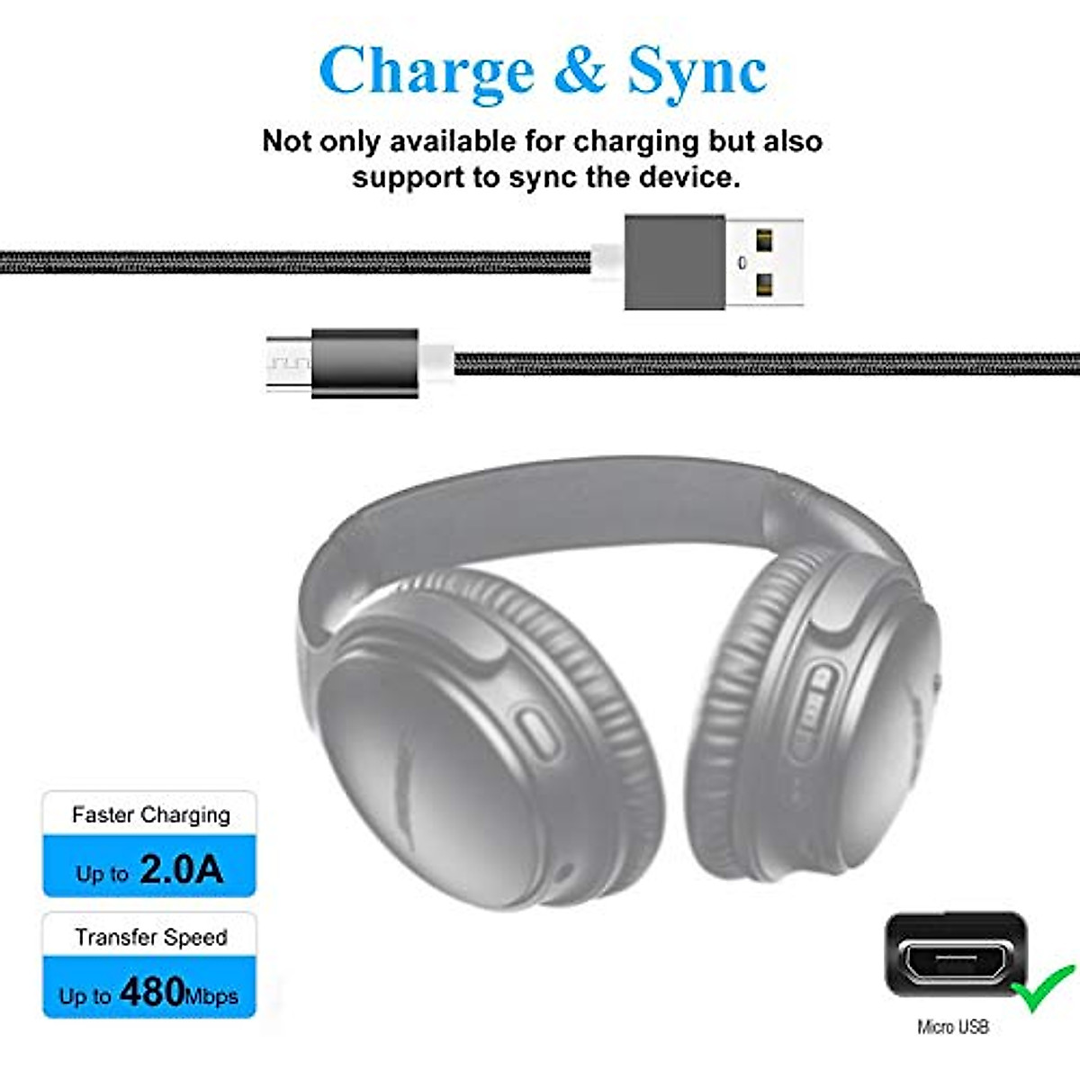 Akingdleo Replacement USB Charging Cable for Bose QC35 QuietComfort 35 Wireless Headphones II/SoundLink Around-Ear Wireless Headphones II (5ft Black)