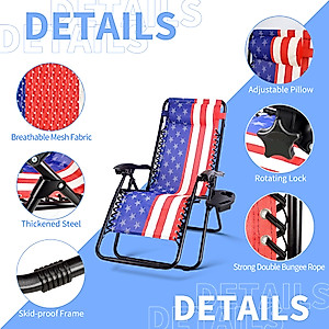 Colorsoul Zero Gravity Chairs Set of Two, Outdoor Adjustable Folding Reclining Lounge Chairs, with Head Pillow and Holder Tray, for Poolside Backyard and Beach (American Flag)