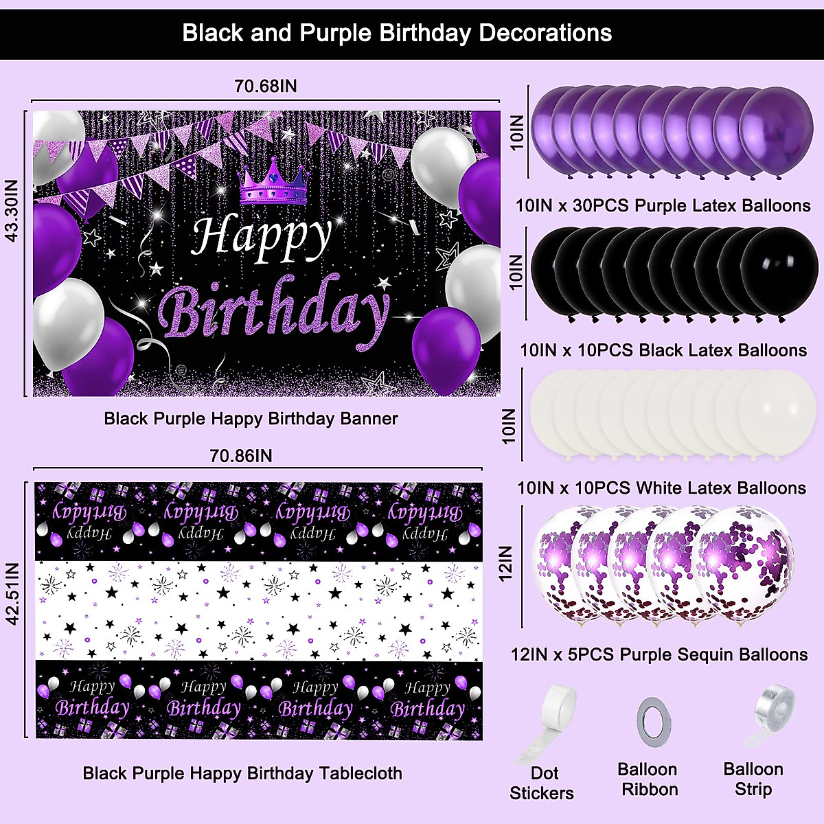 Purple and Black Party Decorations for Women, Purple Birthday Decorations for Girls Men with Purple Black Happy Birthday Backdrop Tablecloth Confetti Balloons Arch, Purple Party Supplies