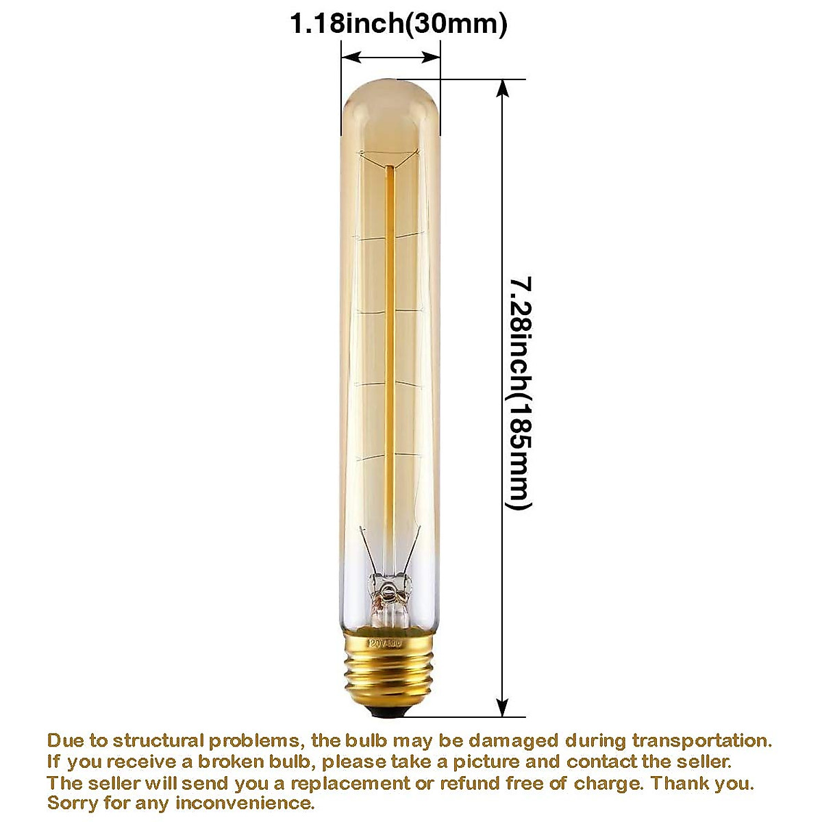 CTKcom T9/T185 40W Vintage Edison Light Bulbs E26 E27 Base(4 Pack)- Tubular Bulb Nostalgic Tungsten Filament Antique Incandescent Bulb Golden Tinted Glass for Industrial Wall Sconces Pendant Lighting
