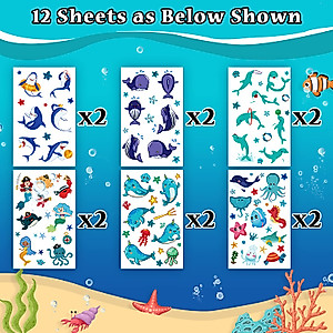 Partywind Luminous Blue Under Sea Temporary Tattoos for Kids, 170 Styles Glow Ocean Beach Pool Birthday Party Decorations Supplies Favors, Fake Tattoo Stickers for Kids Gifts (12 Sheets)