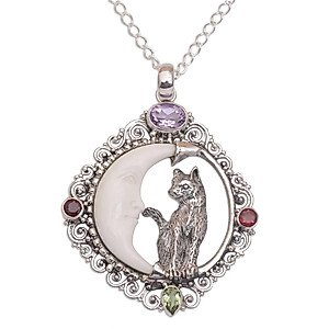 NOVICA Artisan Handmade Multigemstone Pendant Necklace 925 Sterling Silver Garnet Cat Amethyst Peridot Green Multicolor Purple Red Indonesia Sun Moon Birthstone [20 in L 3 mm W Pendant(s) 2.2 in L x ]