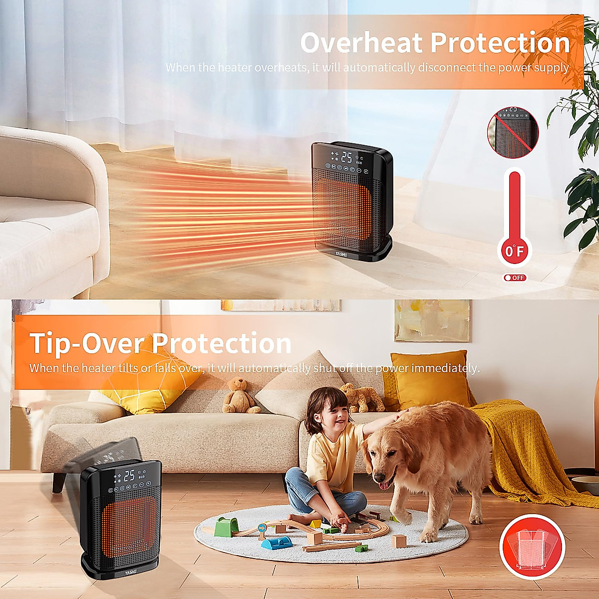 YASHE Space Heater, 1500W Portable Electric Heater for Indoor Use with Thermostat, 75° Oscillation, Digital Display, Remote Control, 24H Timer, ECO Mode, Fast Ceramic Heating for Home, Office, Bedroom