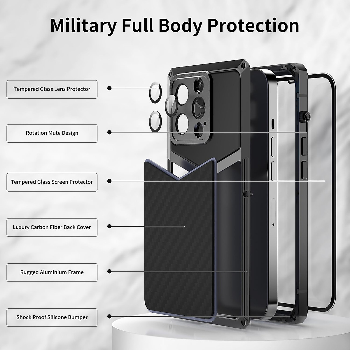HUALIMEI Luxury Case for iPhone 13 Pro Max 6.7", Carbon Fiber Aluminum Phone Cover, Military Protective Armor with Tempered Glass Screen Protector Full Body Heavy Duty Shockproof Protection for Men