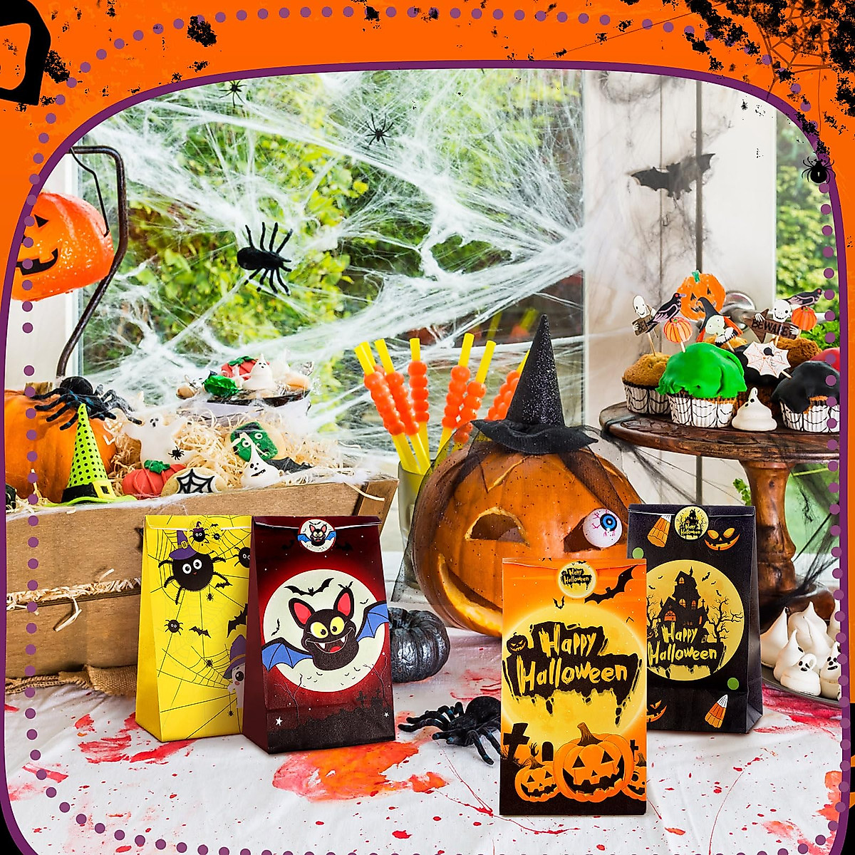 Qilery Halloween Party Favors for Kids with 96 Pieces Halloween Candy Bags Trick or Treat Bulk Halloween Goodie Bags and 96 Pcs Halloween Stickers for Party Supplies Gifts, 12 Styles(Scary Style)