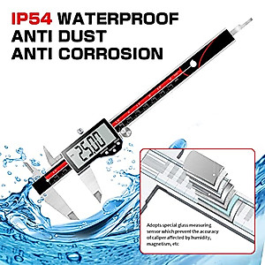 Caliper Measuring Tool, Qfun 6 Inch Electronic Digital Caliper with Stainless Steel and Extra-Large Display, IP54 Waterproof Vernier Calipers for Engineer Carpenter