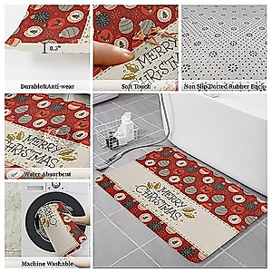 Door Mat Merry Christmas Memory Foam Cushioned Kitchen Rug, 16x24 Inch Water Absorbent Soft Touch Standing Mat for Bathroom, Office, Sink, Laundry, Home Red Grey Xmas Balls Snowflakes Tiled
