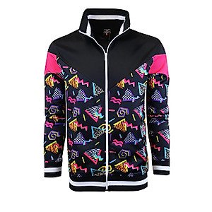 SCREENSHOT-F11904 Mens Urban Hip Hop Premium Track Jacket - Slim Fit 80's Retro Pattern Print Streetwear Fashion Top-Black/Pop-Large