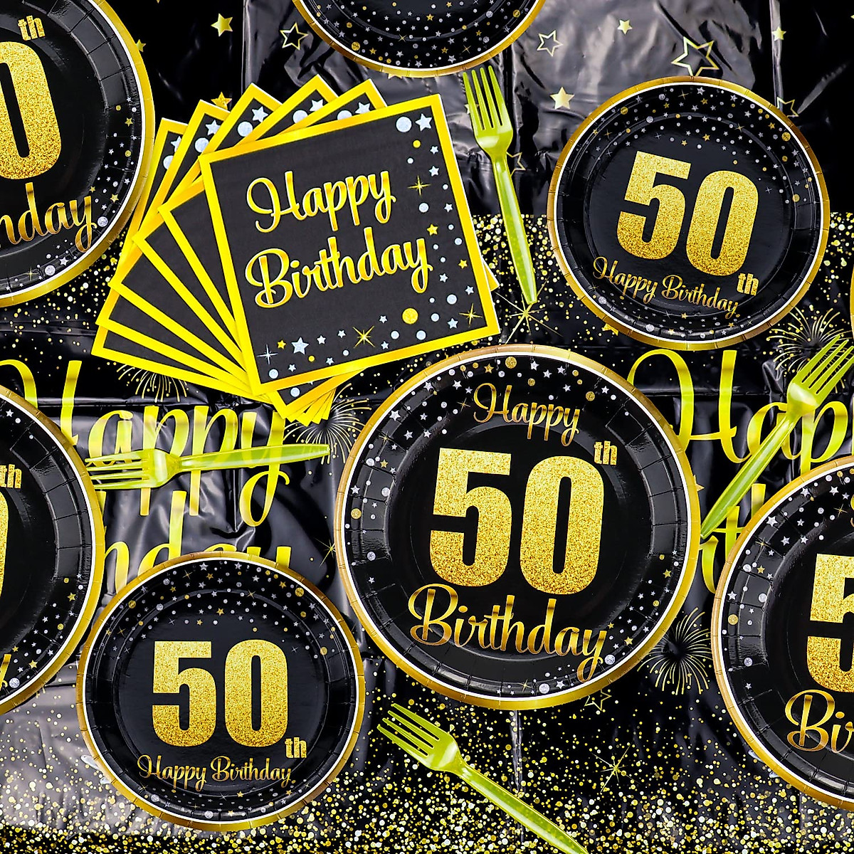 Hegbolke 50th Birthday Decorations for Women and Men - 81 Pcs Plates Napkins 50th Tablecloth Forks Set Black and Gold Party Decorations Serve 20