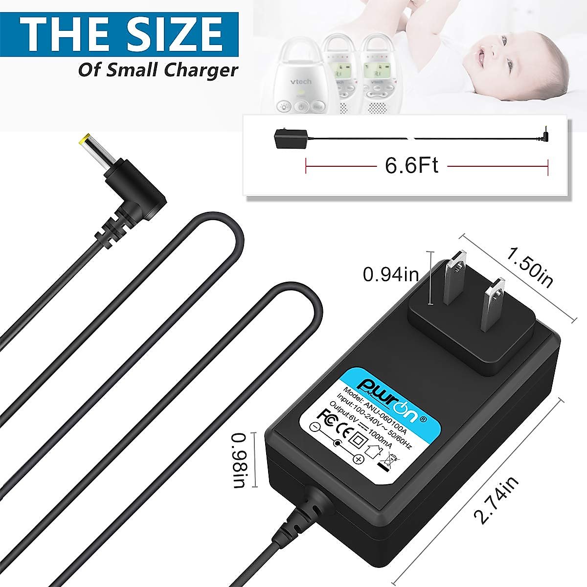 PwrON 6V AC DC Adapter for Vtech Safe & Sound Baby Monitor DM221 DM221-2 DM223 DM251 (Parent & Baby Units) and DM111 DM222 DM271 (Parent Unit Only) Replacement Power Supply Cord
