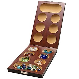 RNK Gaming Mancala Board Game with Folding Wooden Board and Colorful Glass Stones for Adults and Kids