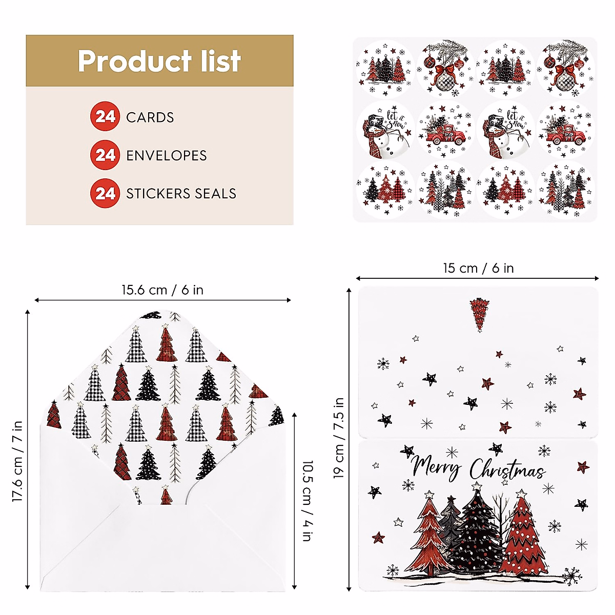 Artoid Mode 24 Pack Merry Christmas Thank You Cards Star Snowflake Xmas Tree Greeting Cards Gift With Envelope Sticker Blank Note Cards for Birthday Wedding Baby Shower Bridal Shower, 4 x 6 Inch