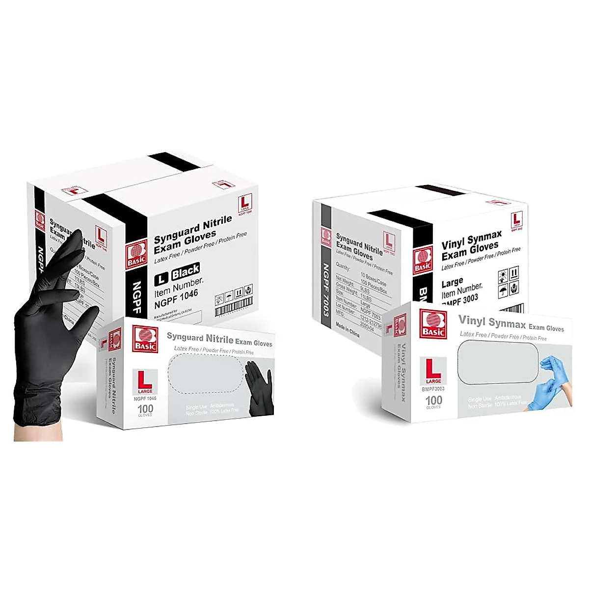 Basic Medical Black Nitrile Exam Gloves - Latex-Free & Powder-Free - NGPF 1046 (Case of 1,000), large & Medical Synmax Vinyl Exam Gloves - Latex-Free & Powder-Free - Large, BMPF-3003(Case of 1,000)