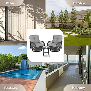 Athena Collection Swivel Patio Furniture Set, Outdoor Table and Chairs Set 3 Piece All Weather PE Rattan Conversation Set with Upholstered Seat and Backrest for Bistro, Garden, Backyard, Gray