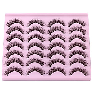 JIMIRE False Eyelashes with Clear Band Wispy Cat Eye Natural Russian Strip D Curl Lashes Faux Mink Cat Eye 15MM Wispy Fluffy Thin Lashes 14 Pairs Pack