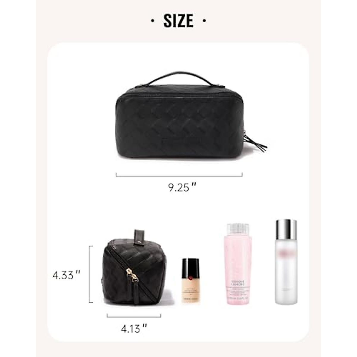 EACHY Travel Makeup Bag, Large Capacity Cosmetic Bags for Women, Waterproof Portable Open Flat Toiletry Bag Make up Bag with Divider and Handle (Checkered-Black, Medium)