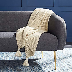 Safavieh Home Collection Mari Boho Beige/Gold Cotton 50 x 60-inch Tassel Sofa Chaise Lounge Club Chair Living Room Bedroom Decorative Throw Blanket THR235A-5060