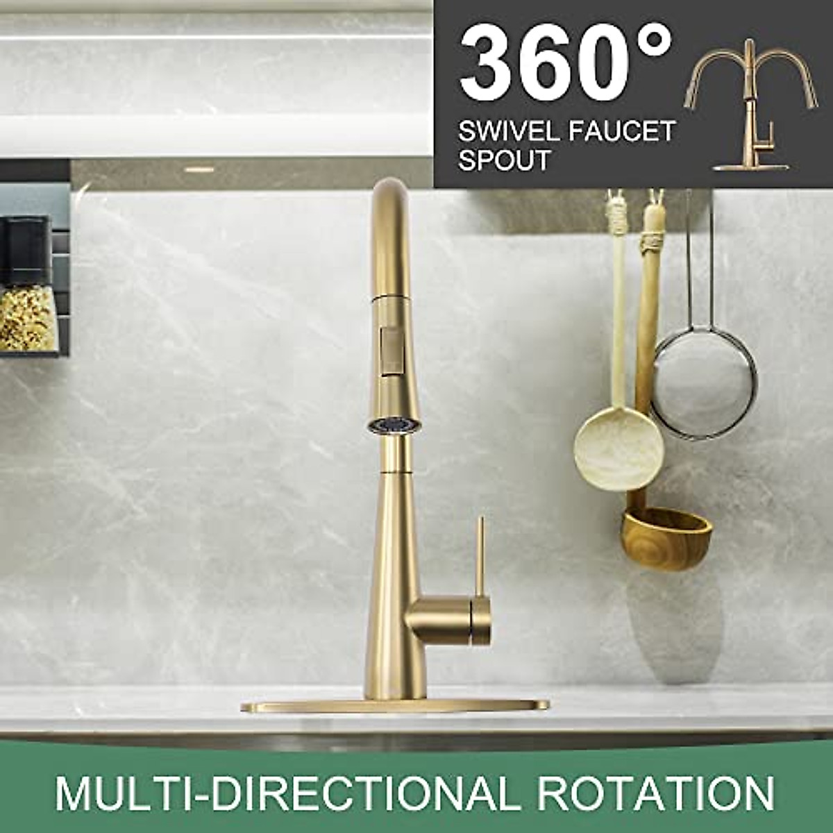 Tohlar Gold Kitchen Faucet, Kitchen Faucets with Pull Down Sprayer, Stainless Steel Single Handle Kitchen Faucet Fit for 1 or 3 Holes Kitchen Sink Faucet Gold Faucet for Kitchen Brushed Gold