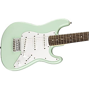 Fender Squier 3/4-Size Kids Mini Strat Electric Guitar - Surf Green Bundle with Amplifier, Instrument Cable, Tuner, Strap, Picks, Fender Play Online Lessons, and Austin Bazaar Instructional DVD