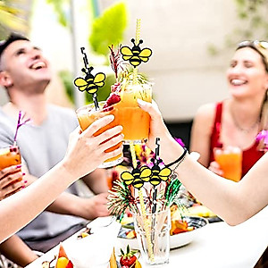 Whaline 100Pcs Summer Paper Straws Glitter Bee Disposable Paper Straws Yellow Black Dot Stripe Bee Decorative Straws Baby Shower Drinking Straw for Bee Day Party Supplies Juices Shakes Cocktail Decor