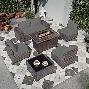 Halmuz 7 Piece Outdoor Patio Furniture Set with Propane Fire Pit, High Back PE Wicker Rattan Outdoor Sofa Conversation Set,Sectional Furniture Patio Set w/Tempered Glass Top Table&Gas Fire Pit(Grey)