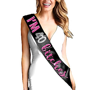 40th Birthday Decorations - Premium GRADE SATIN Hot Pink Glitter with Rhinestones I'm 40 Bitches Premium Satin Sash - Birthday Gifts - Black Sash(Im40Btchs HP) BLK