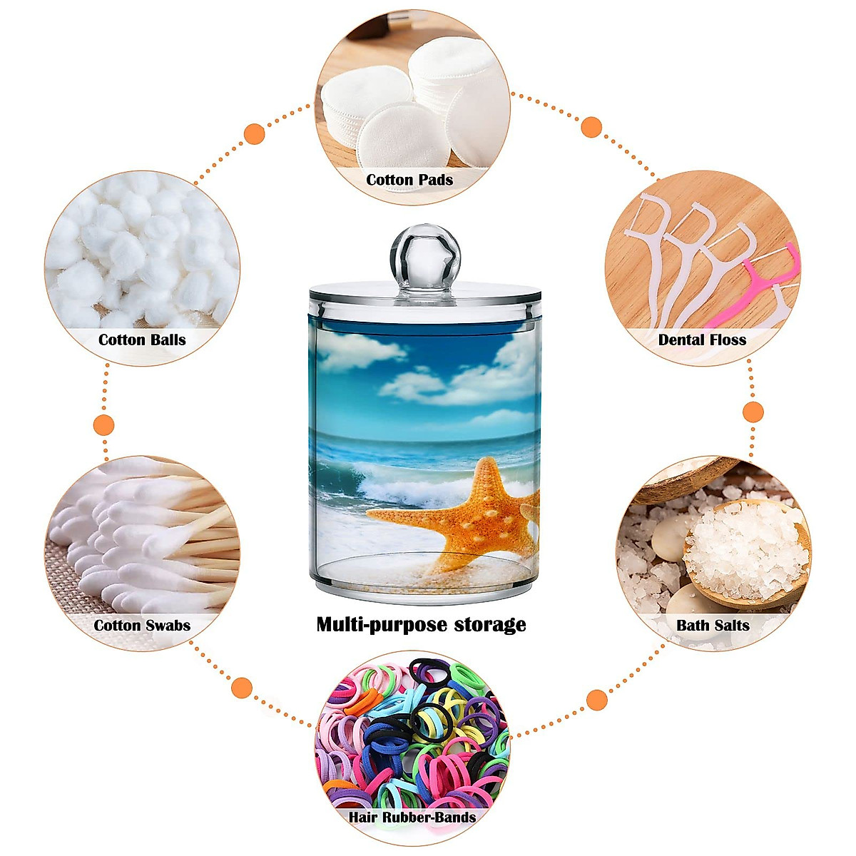 ALAZA 2pcs Summer Sea Beach Starfish Funny Qtip Holder Dispenser 14 oz Bathroom Storage Clear Apothecary Jars Containers Cotton Ball,Cotton Rounds,Floss Picks, Hair Clips, Food