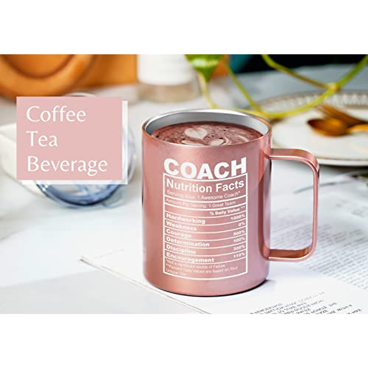 Onebttl Coach Gifts, Funny Gift Idea for Appreciation, Christmas, Birthday, 12oz Stainless Steel Insulated Travel Coffee Mug - Coach Nutriton Facts RoseGold