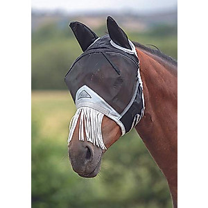 Shires Fine Mesh Fly Mask with Nose Fringe Black Pony