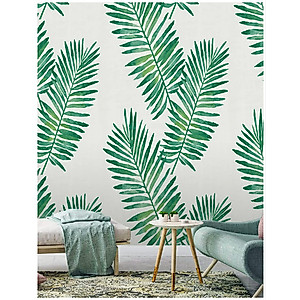 HOYOYO Tropical Shrub Leaves Self-Adhesive Liner Paper, White, greens Tropical Shrub Leaves Removable Peel and Stick Dresser Cabinets Furniture Table Desk Home Decor 17.8 x 118 inch