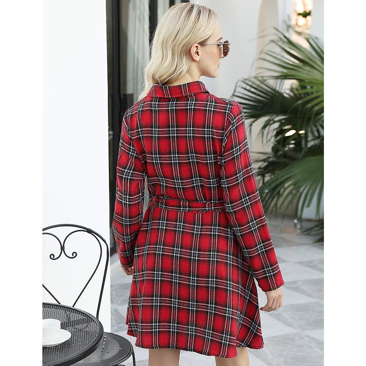 FANCYINN Womens Christmas Plaid Dresses Flannel Button Down Long Sleeve Shirt Dress Winter Casual Dresses Mini Dress with Pockets Red & White & Black L