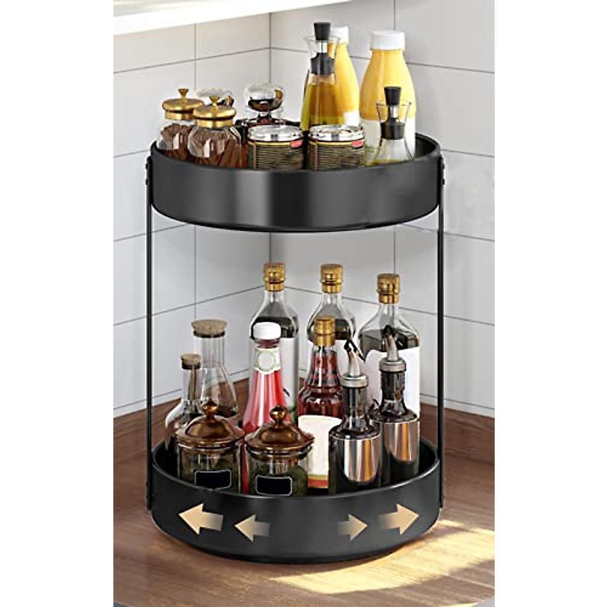 Fineget Spinning Large Metal Spice Rack Organizer for Cabinet Kitchen Lazy Susan Rotating Turntable Tiered Countertop Vertical Storage Rack Self Black (2Tier + Single Layer, 2Sets)