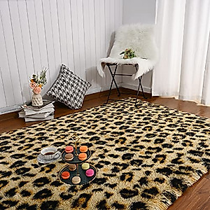 Amearea Fluffy Leopard Rug, Premium Cheetah Print Rugs, Soft Comfy Faux Fur Animal Print Carpet for Kids Room Bedroom, Living Room, Shaggy Teen Room Home Decor, Khaki 4x6 Feet